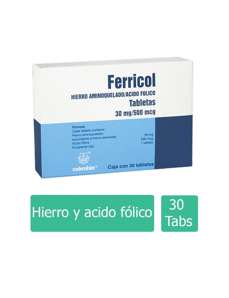 Ferricol 30 Mg/500 Mcg 30 Tabletas | Club Presalud
